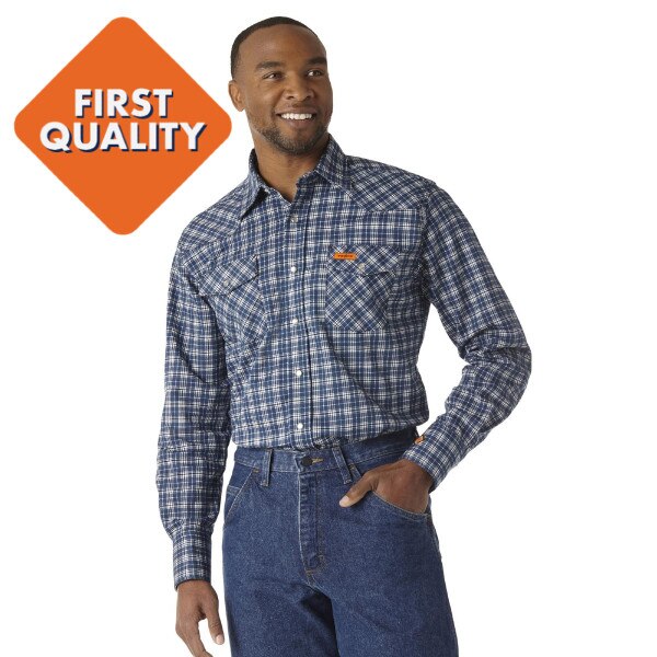 Wrangler FR Long Sleeve Work Shirt in Navy Plaid